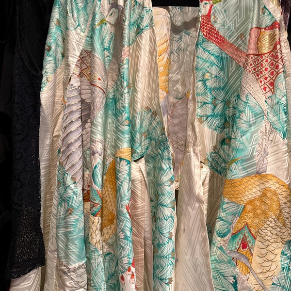 Silk Edwardian Kimono Gown. Robe With Obi Belt. Light Green Summer ...