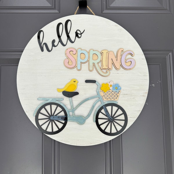 Hello Spring Bicycle Sign, Round Door Hanger SVG, Glowforge Laser Cut ...
