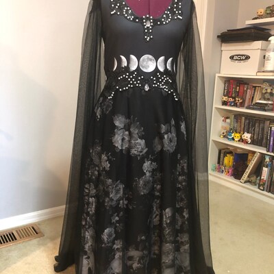 Black Navy Blue Pentagram Satanic Gothic Wedding Dress Bell Sleeves to ...