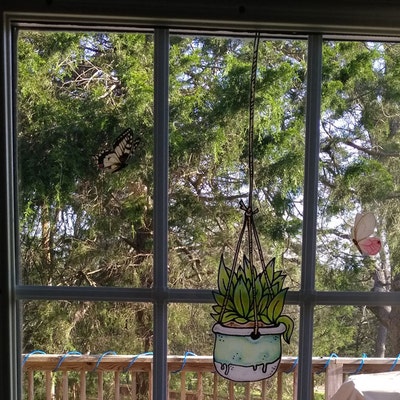 Illustrated Hanging Plants Window Stickers Reusable No Adhesive Double ...