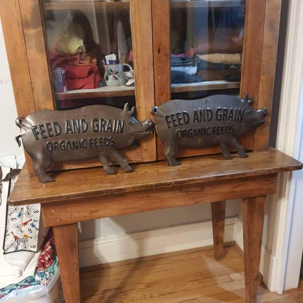 Vintage Style Metal Feed & Grain Organic Feeds Pig Sign Antique ...