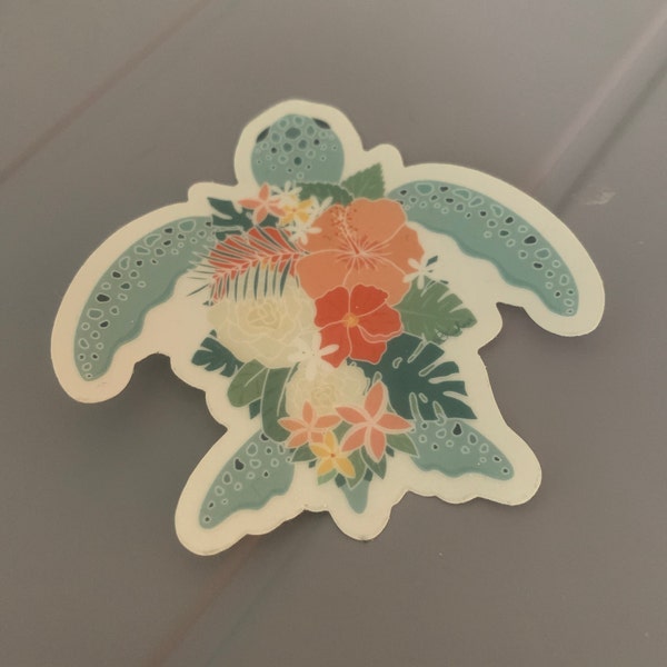 Sea Turtle With Flowers Clear Vinyl Sticker || Ocean Stickers Surf ...