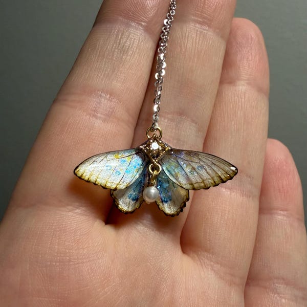 Cute Moth Necklace, Moth Wings With Pearl Jewelry, Insect Fairy Resin ...