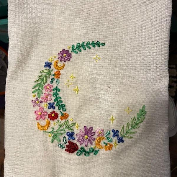 Flower Moon Embroidery Pattern Download, Floral Celestial Embroidery ...