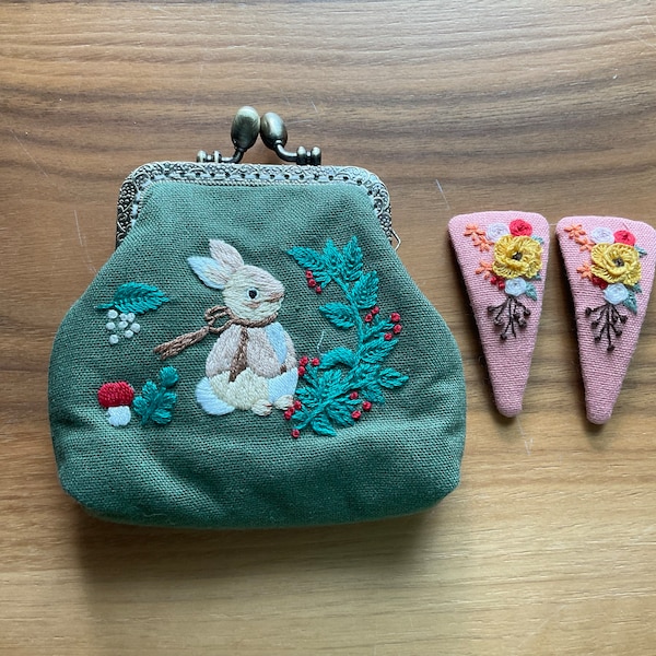 Rabbit Embroidered Denim Coin Purse, Small Change Pouch With Flower ...