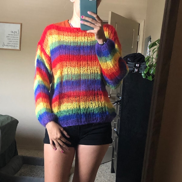 Rainbow Mohair Sweater Knitted Striped Sweater Rainbow Pride Pullover ...