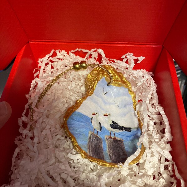Seagulls on Patrol Oyster Shell Ornament W/24 Karat Handpainted Border ...