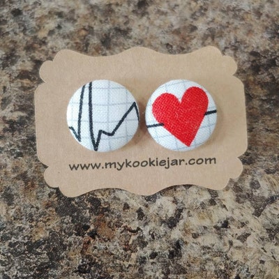 EKG Red Heart Fabric Covered Button Earrings, Calling All Nurses ...