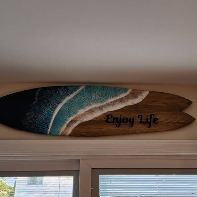 Wood Live Edge Floating Shelves With Ocean Waves Coastal Beachy Room ...