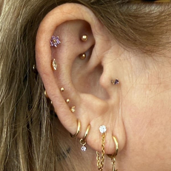 14K Solid Gold Moss Agate Fan Shape Rook Earring Crown Rook Piercing ...