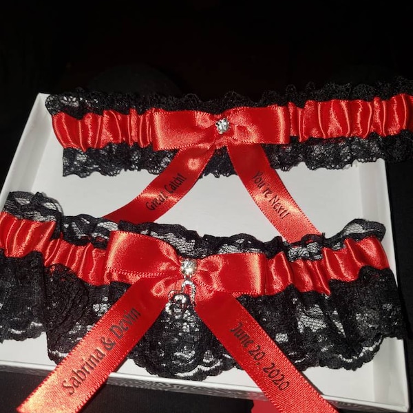 Personalized Black Lace Garter Set, Red Satin Bow, Keepsake Double ...
