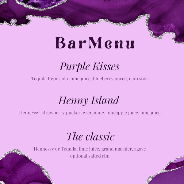 Editable Purple and Silver Bar Menu Card Template, Full Size Menu ...