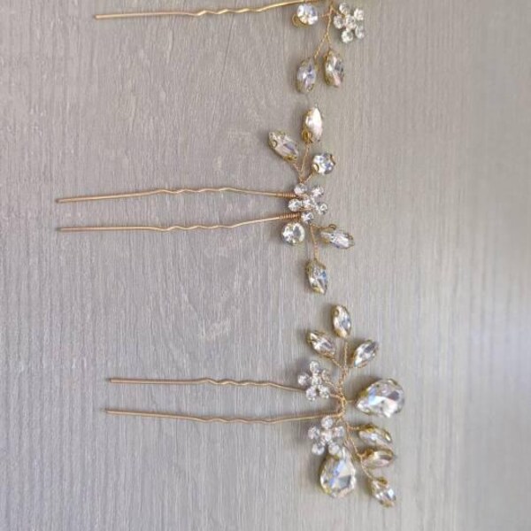 Bright Pink Rhinestone on Gold Hair Pins, Wedding Day Fuchsia Pink Gold ...