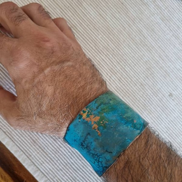 Hammered Copper Cuff With Turquoise Rust Line, Hammered Stylish ...