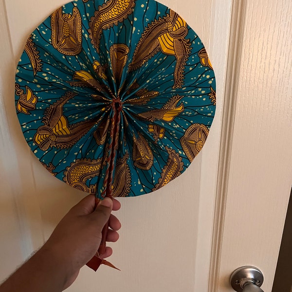 African Fabric Hand Fan With Leather Handle, Decorative Fan Made With ...