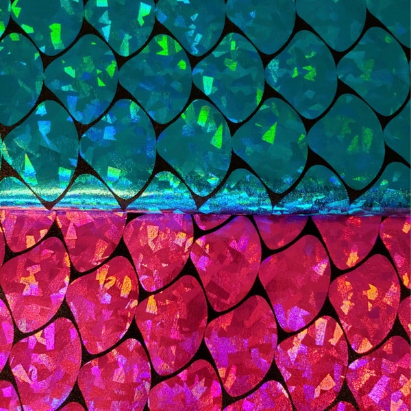 Shiny Holographic Foil Mermaid Scales Pattern on Black Stretch Nylon ...