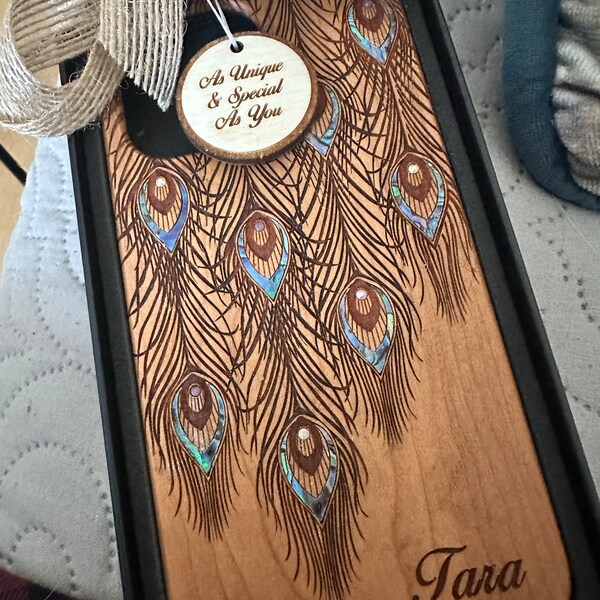 Peacock Feather Design Wood Phone Case With Real Abalone Shell Inlays ...