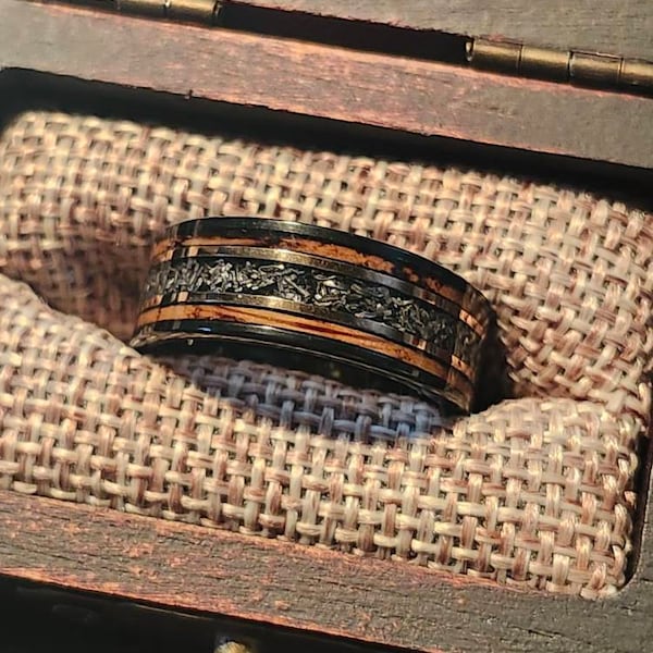 Charred Whiskey Barrel Ring With Meteorite, Meteorite Wood Ring ...