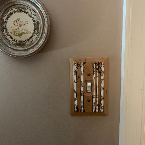 Wooden Triple Light Switch Cover With Wood Burned & Water Colored Birch ...