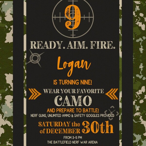 Boys Birthday Invitation, Camo Army Invite, Template, Boys, Any Age ...