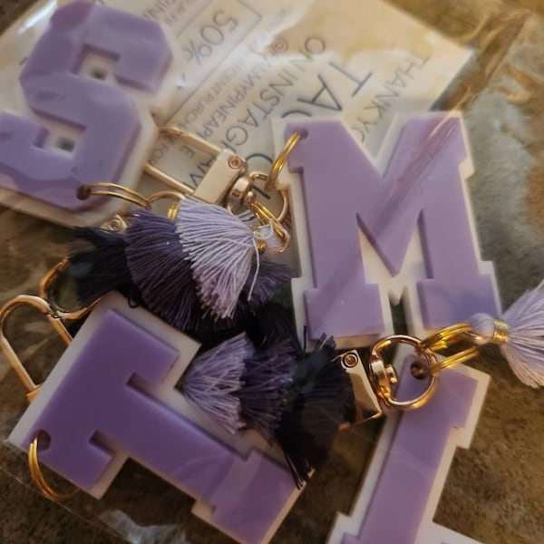 Varsity Letter Keychain With Mini Ombre Tassel | Initial Zipper Pull ...