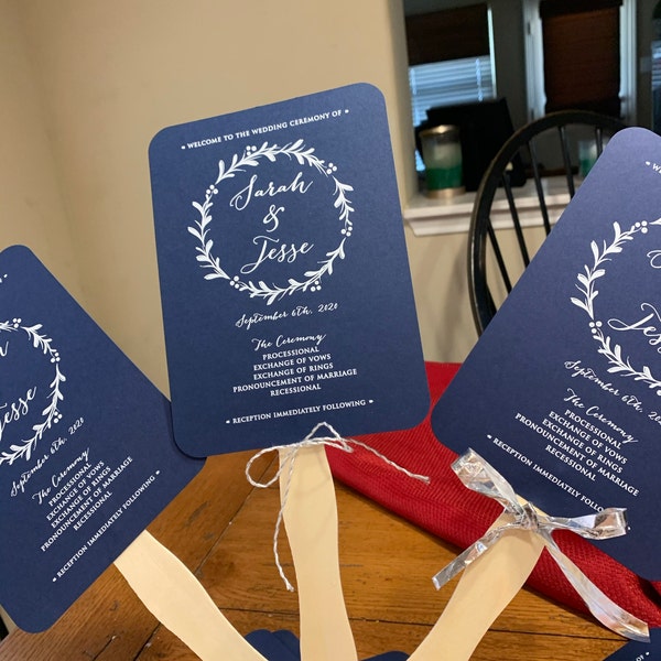 Navy Blue Wedding Program Fans Wooden Sticks Included - Navy Blue ...