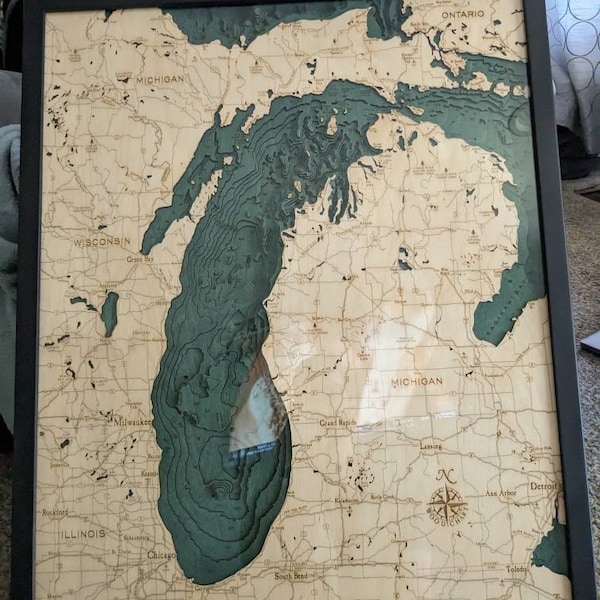 Lake Michigan Wood Carved Topographic Depth Chart / Map - Etsy