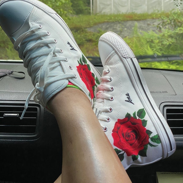Red Rose Shoes, Rose Print Sneakers, Rose Shoes, Custom High Tops ...