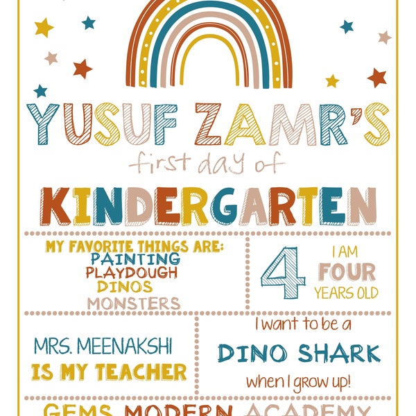Editable First Day of Kindergarten Sign, Boho Rainbow First Day of ...