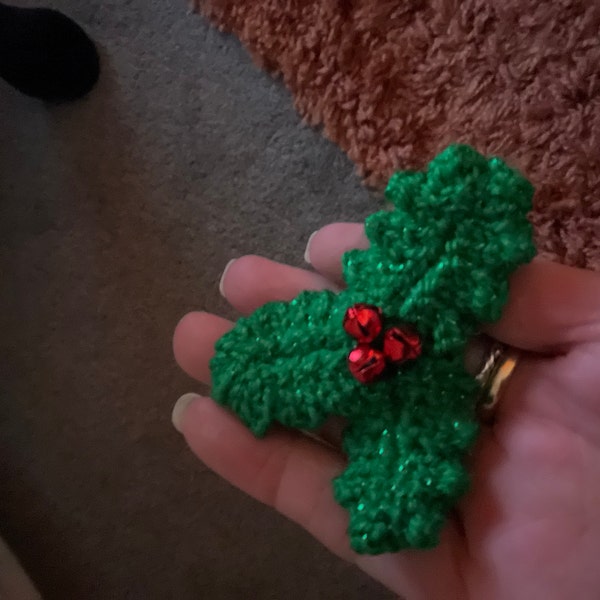 Hand Knit Christmas Holly Pin Brooch Miniature for Him for Her Gift ...