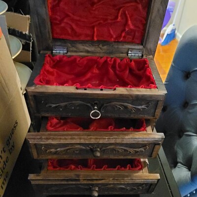 Hand Carved Flower Design Wooden Box With Secret Lock, Vintage Jewelry ...