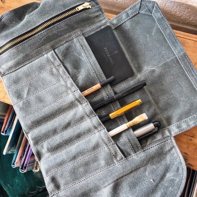 Roll up Mini Pencil Case, Pen Roll, Waxed Canvas and Leather, 12 ...