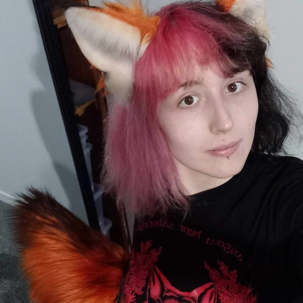 Handmade Red Fox Ears Tail Set Furry Faux Fur Animal Ears Hairband ...