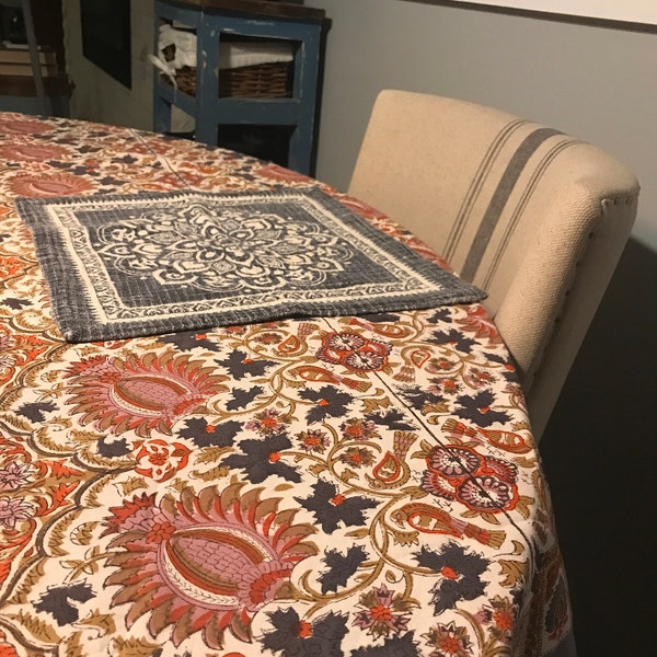 Burnt Orange, Tangerine With Green Floral Tablecloth, Indian Hand Block Printed 6 Seater ...