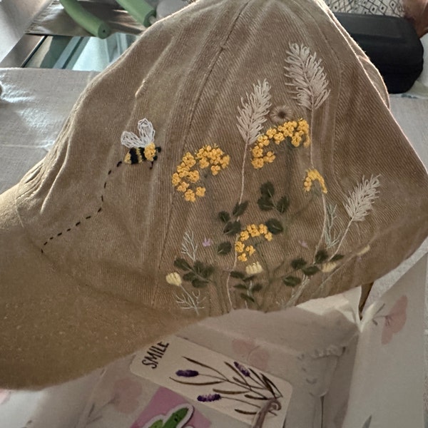 Ready for Shipping Hand Embroidery Wild Flower and Bee Baseball Cap ...