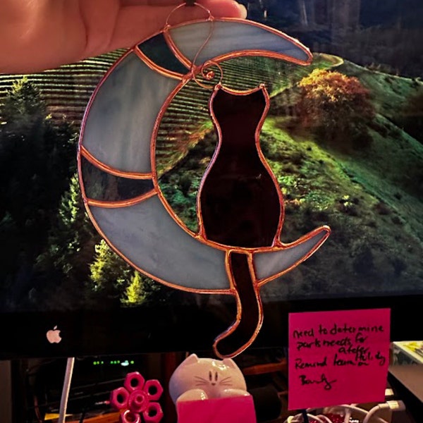 Stained Glass Cat on Moon Window Hangings Suncatcher, Pet Lost Gift ...
