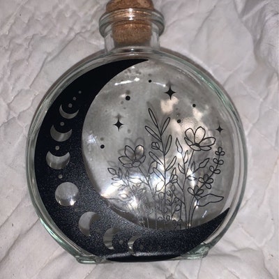 Moon Phase & Floral Glass Bottle With Cork Full Moon Dark Moon Moon ...