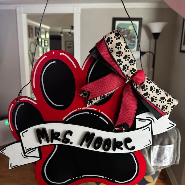 Personalized Paw Print Door Hanger, Teacher Classroom Decor Sign, Dog ...