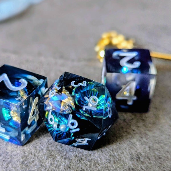 Liquid Core Blue Galaxy Swirl Dnd Dice Set, Blue Nebula D&D Sharp Edge ...