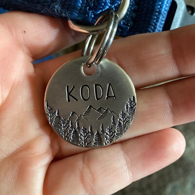 Pet ID Tag, Mountain Trees Dog Tag, Dog Collar Tag, Pet Name Tag, Hand ...