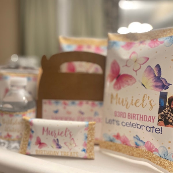 Butterfly Birthday Party Decor - First Birthday Chip Bag Label Favors ...