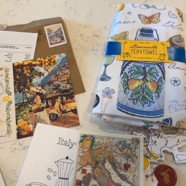 Italian Lemon Tea Towel Limoncello Amalfi Coast Illustrated Multi ...