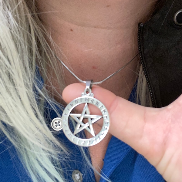 Pentacle in Circle of Runes, Necklace or Earrings, Pentagram Star Pagan ...