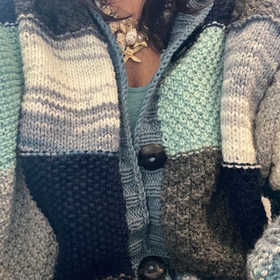 Patchwork Oversized Cardigan Hand Knitted Blue&gray Cardigan - Etsy
