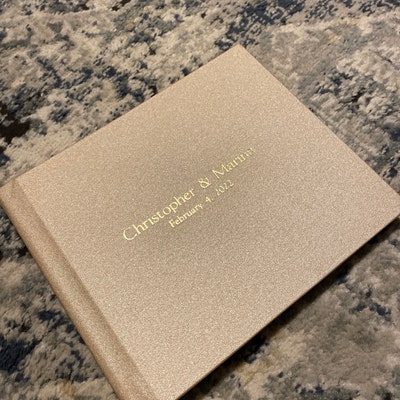 Champagne Linen Lay Flat Guest Book Gold Lettering Gold Emboss Deluxe ...