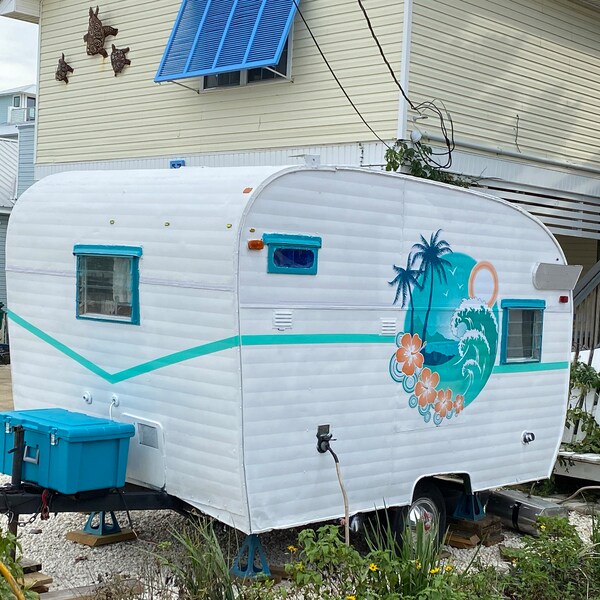 Blue Tropical Waves Beach Hibiscus Camper RV Motor Home Mural Vinyl ...