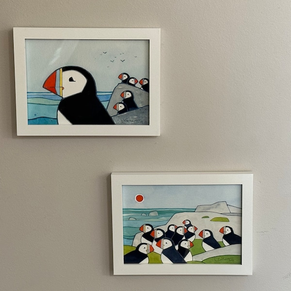 Puffin Colony Art Print Whimsical Bird Illustration Wall Decor Puffin ...