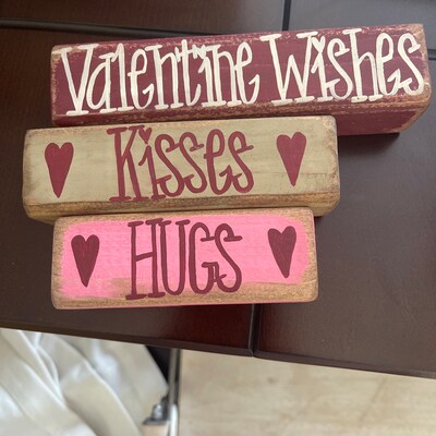Hand Painted Distressed Hugs Kisses Valentine Wishes Tiered Tray Shelf ...