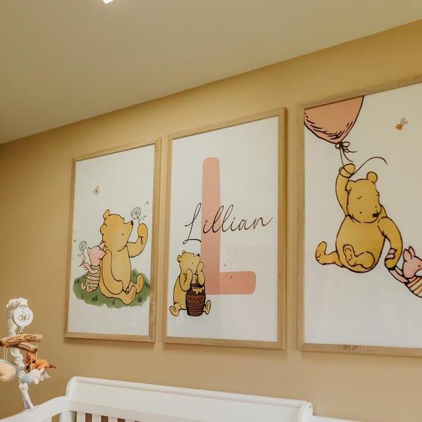 Set of 3 Classic Winnie the Pooh Personalised Name Print, Winnie the ...