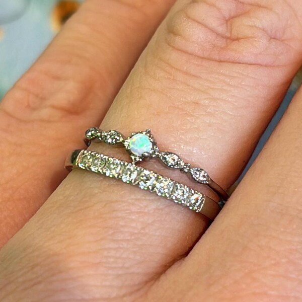 14k Solid White Gold Art Deco Wedding Rings Set, Unique Small & Dainty ...